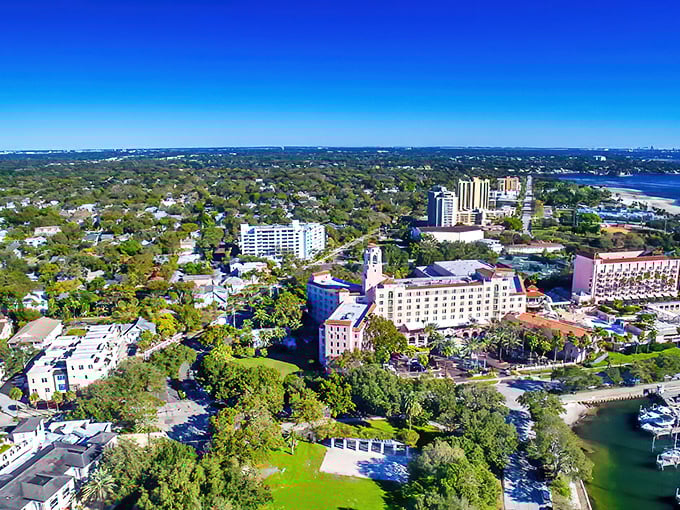 Aerial view of Inverness reveals a town nestled among green canopies, where nature and civilization dance in perfect harmony.