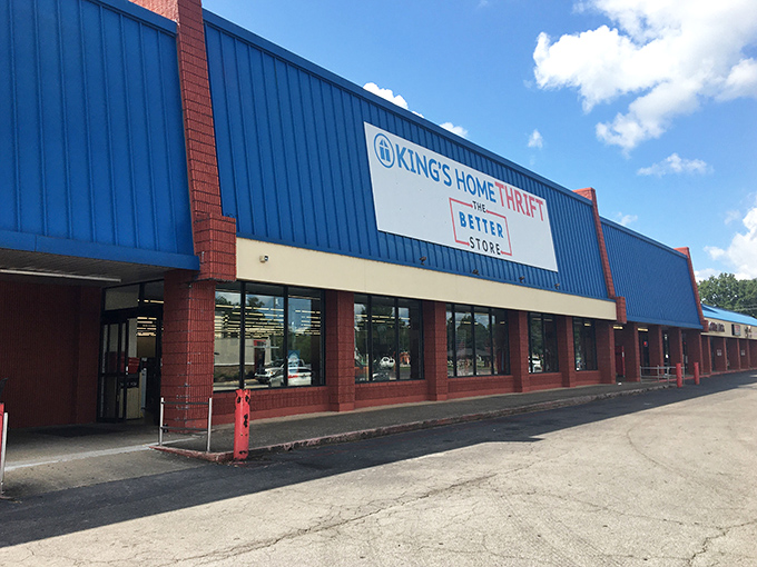 King's Home Thrift wears its royal blue proudly. The red brick columns add just the right touch of Southern charm.