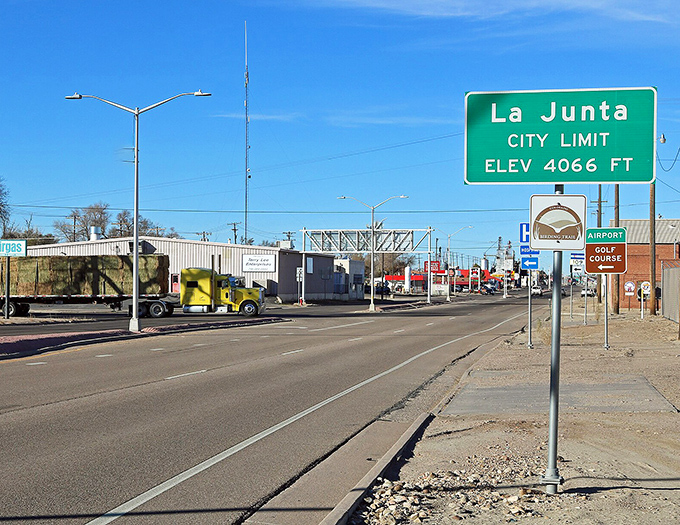 La Junta's city limit sign welcomes you to affordable living at 4,066 feet. Where your retirement dollars rise higher than the elevation!