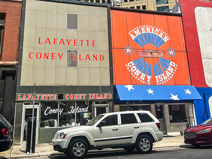 Downtown Detroit's coney island royalty sits proudly among the urban landscape, serving authentic local tradition.