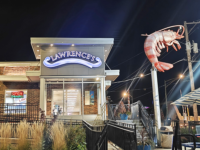That giant shrimp isn't just decoration—it's a delicious promise perched high above the street for all to see.