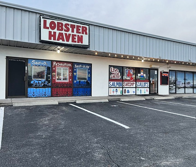 Lobster Haven's colorful windows are like stained glass for seafood worshippers. The strip mall location? Just clever camouflage for greatness.