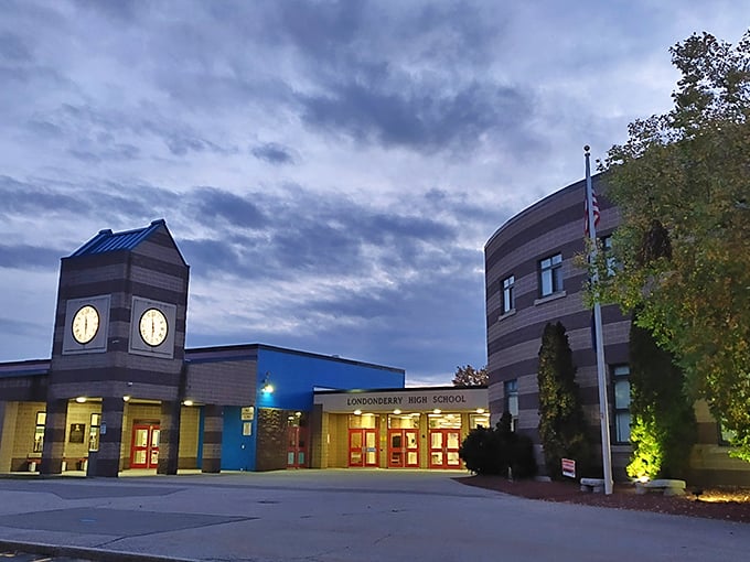 Londonderry High School welcomes visitors with its modern clock tower. Even school buildings have architectural flair in New Hampshire!