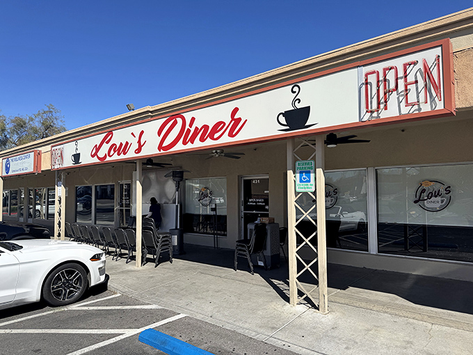 Lou's Diner's classic red signage beckons with promises of comfort food that would make your grandmother proud.