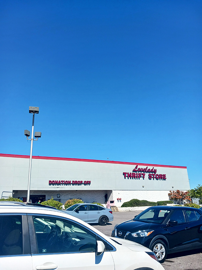 That classic white and red exterior is like a beacon calling all bargain hunters home.