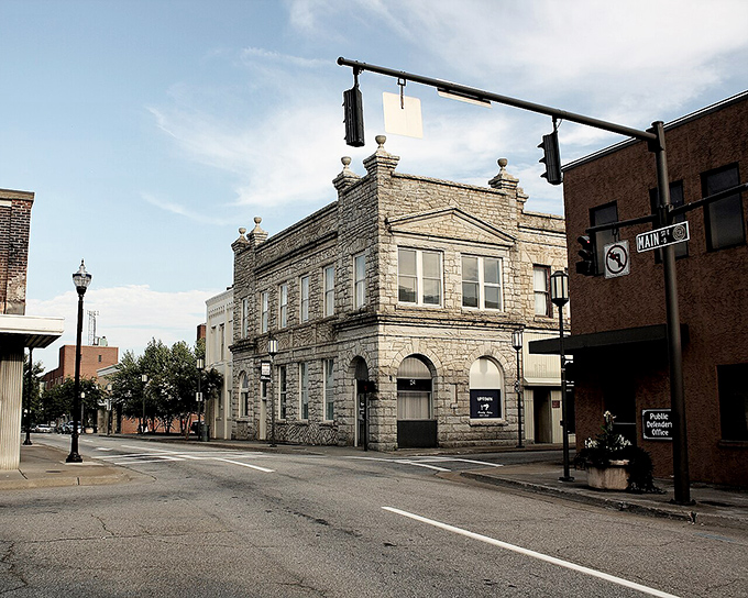 Small-town charm radiates from every storefront along this quintessentially American main street scene.
