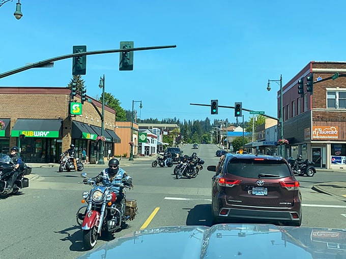 Montesano's main drag: where leather-clad bikers and Subway sandwiches coexist in perfect small-town harmony under the watchful gaze of Douglas firs.