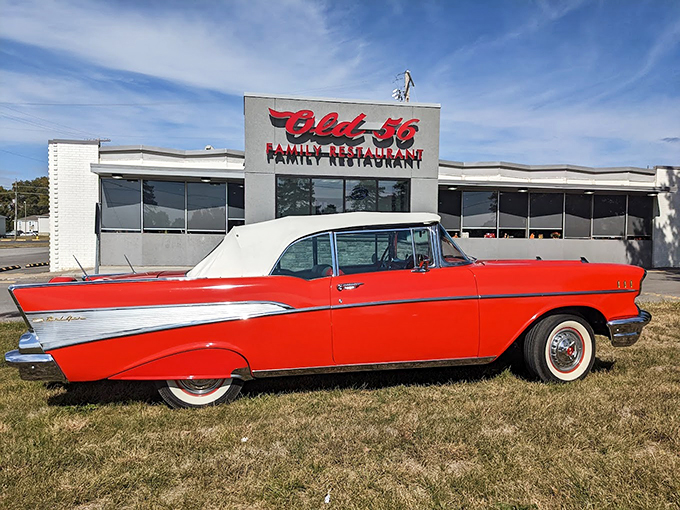 Old 56 Family Restaurant pairs vintage vibes with a classic red Chevy. It's like stepping into a delicious time machine!