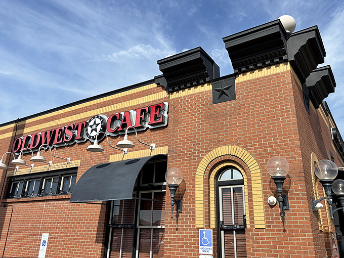 Oldwest Cafe's brick exterior hints at hearty portions and cowboy-sized appetites waiting inside those doors.