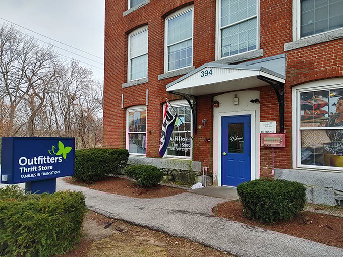 Outfitters occupies this charming brick building with character to spare. History and bargains unite behind that bright blue door!