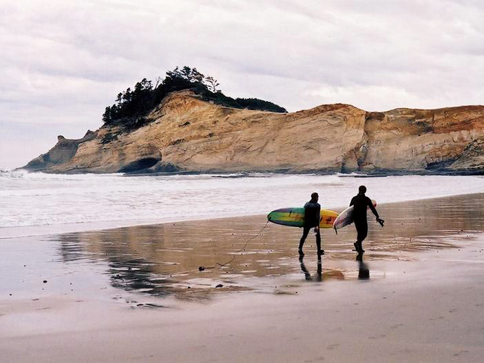 Where surfers walk toward ancient rock formations like they're heading to their own personal movie set each morning.