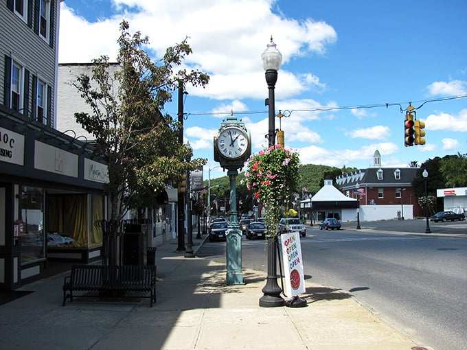 Palmer's main street clock keeps perfect time in this unhurried corner of Massachusetts.