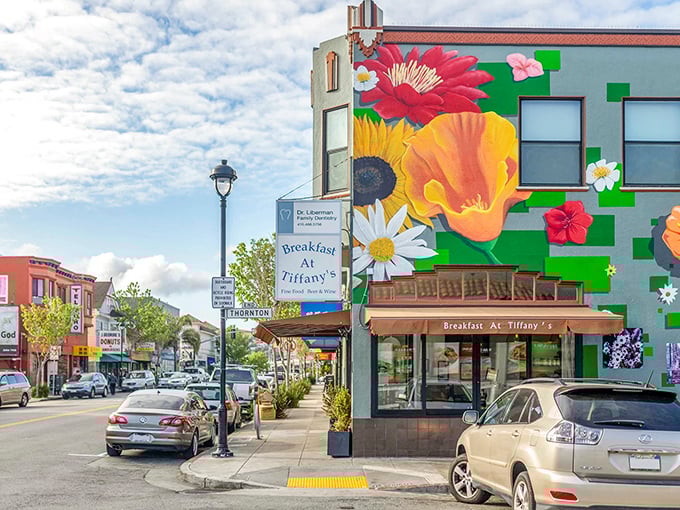 Bright blooms spill across the walls of downtown Portola, where local flavor and friendly streets make every corner feel like home.