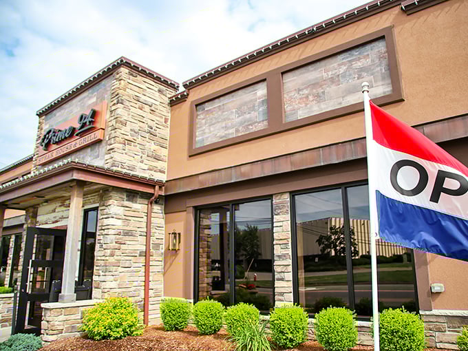 Prime 94's stone facade and manicured landscaping – like the mullet of steakhouses: business in front, party on your plate.