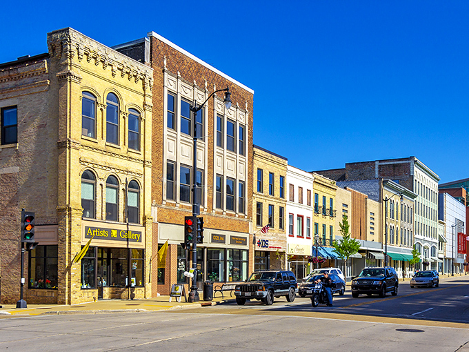 Racine's main street architecture whispers tales of craftsmanship from an era when builders took pride.