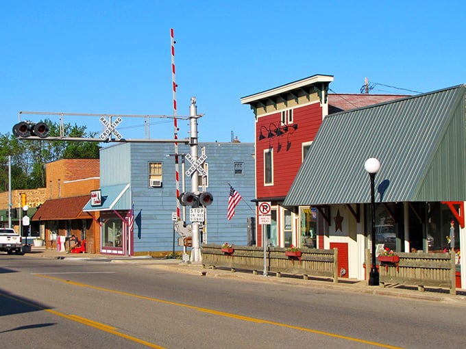 Railroad crossing signals remind you that some towns still move at life's natural pace.