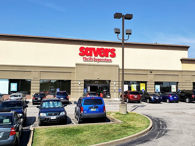 Savers' bright red sign acts like a beacon for bargain hunters cruising the suburban landscape.