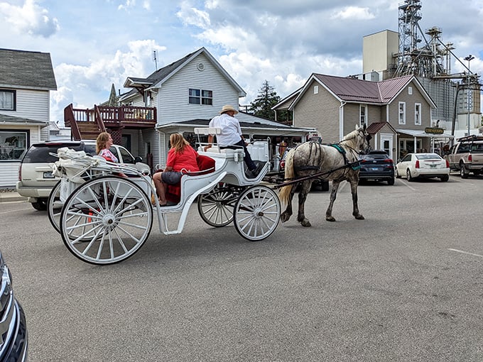 Horse-drawn carriages clip-clop through Shipshewana's streets, where time moves at a gentler pace.