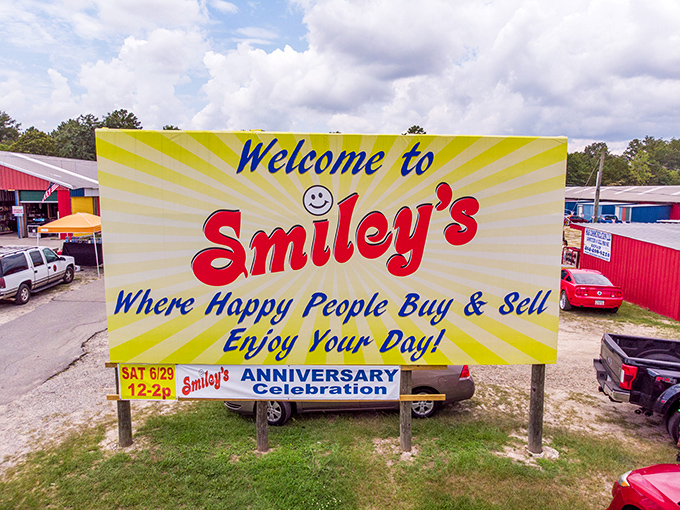 Smiley's cheerful welcome sign proves that happiness really is the best marketing strategy ever invented.