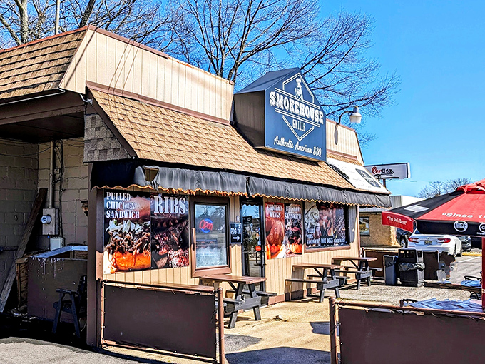 Smokehouse Grille's rustic wooden exterior is exactly what BBQ dreams are made of. That glowing pig sign is basically saying "Get in here!"
