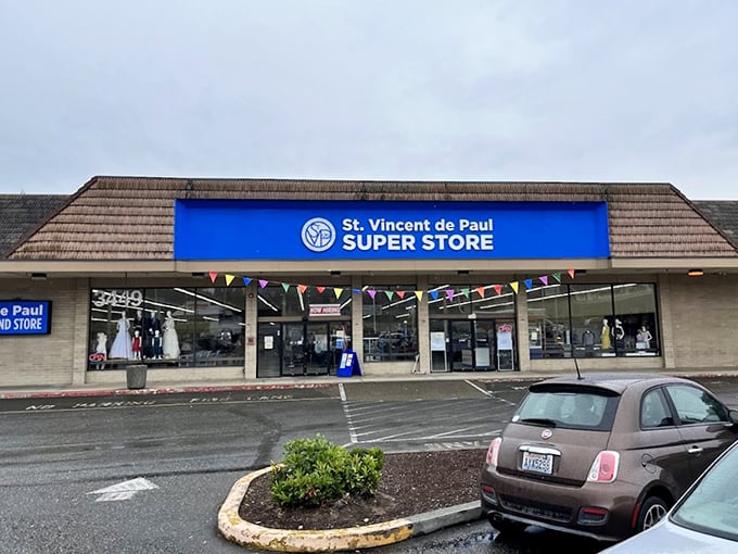 St. Vincent de Paul in Bremerton offers a clean, welcoming facade that hints at the organized treasures inside.