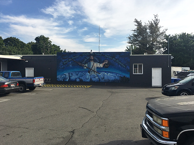 That cheerful mural transforms ordinary thrift shopping into an adventure worthy of any explorer.