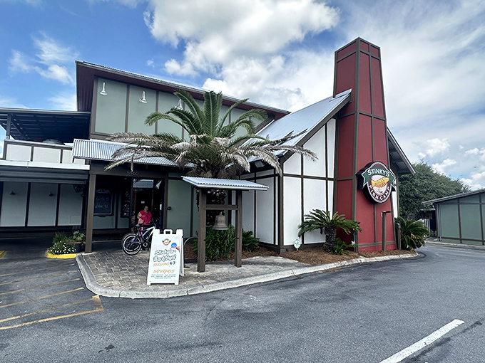 With its dramatic A-frame entrance and tropical landscaping, Stinky's Fish Camp is like the cathedral of casual seafood&mdash;a place where gumbo is taken very seriously.