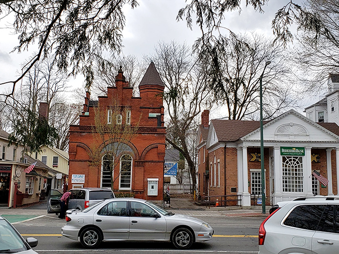 Stockbridge's historic buildings house a charming mix of shops and restaurants. The red brick structure adds a pop of color to the town's historic landscape.