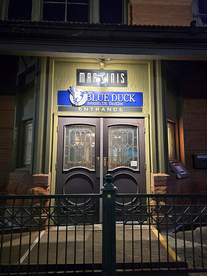 The Blue Duck's historic building with its classic striped awnings is where barbecue gets dressed up for a night on the town.
