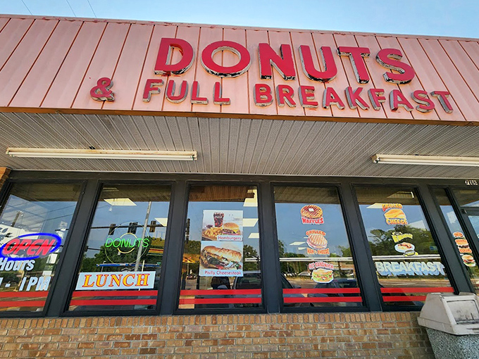 The promise of "Full Breakfast" means you never have to choose between donuts and a hearty meal.