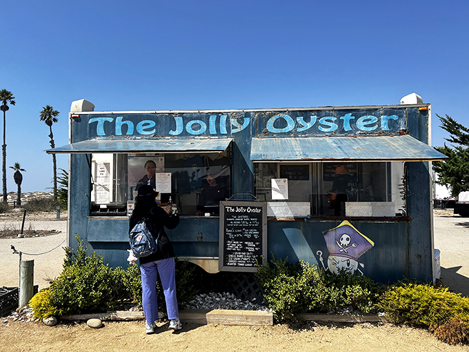 The Jolly Oyster's weathered blue stand is like finding buried treasure on the beach &ndash; except this treasure comes with cocktail sauce!