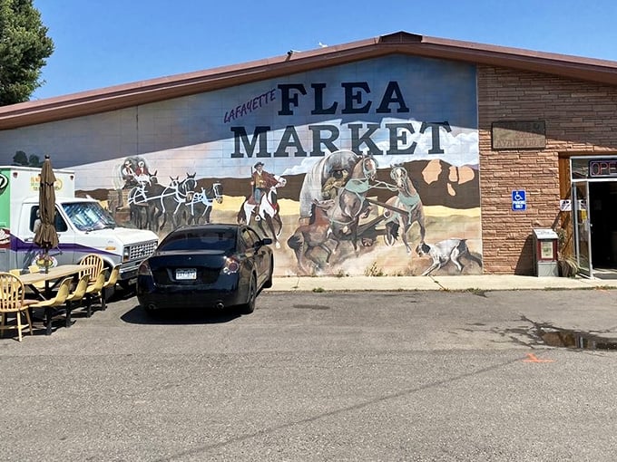 That stunning western mural tells you this isn't just any flea market - it's a Colorado adventure.