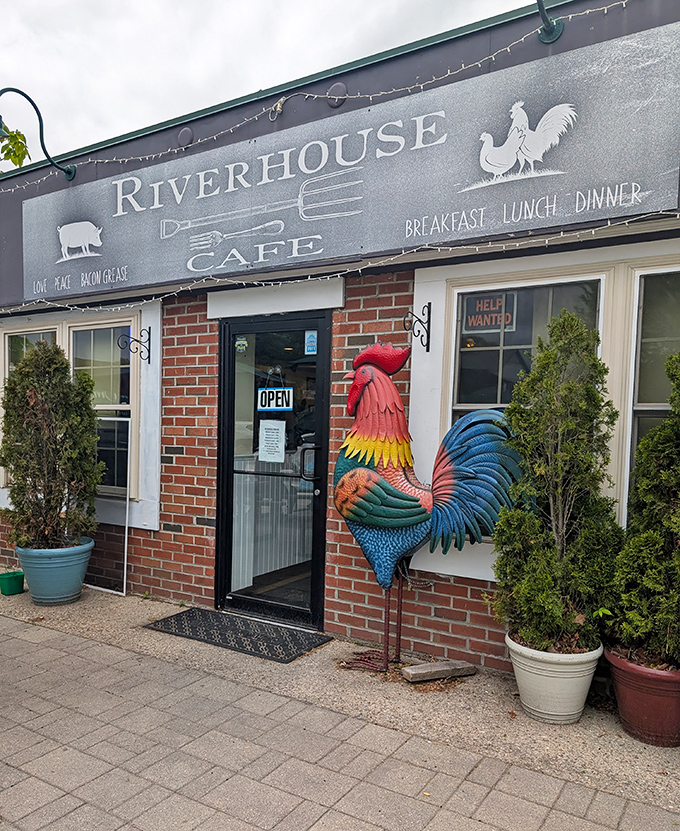 A cheerful rooster stands guard over this cozy café, promising farm-fresh flavors in small-town Milford's welcoming embrace.