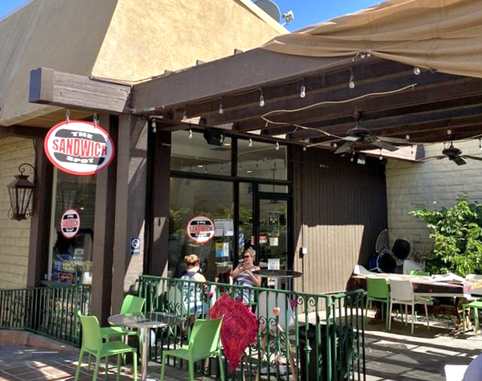 The Sandwich Spot's inviting patio whispers "stay awhile" in the desert sunshine of Palm Springs.