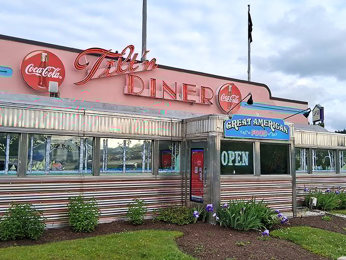 Tilt'n Diner's cotton candy pink awning and chrome exterior are like a '50s postcard come to life—with better pancakes.