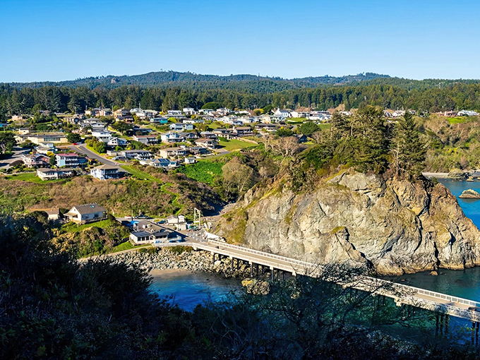 Trinidad's iconic bridge connects the mainland to a dramatic sea stack, creating a postcard-perfect scene that screams "California dreaming!"
