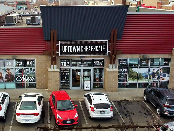 Nestled between colorful buildings, this location brings trendy thrifting to downtown charm.