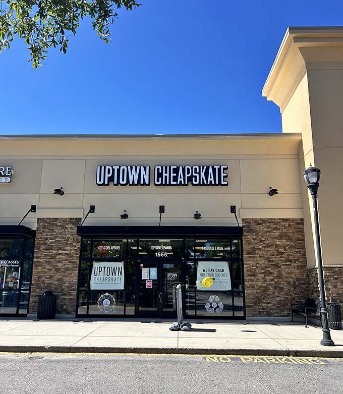 Uptown Cheapskate Apex brings boutique vibes to the thrift world with its modern stone facade.