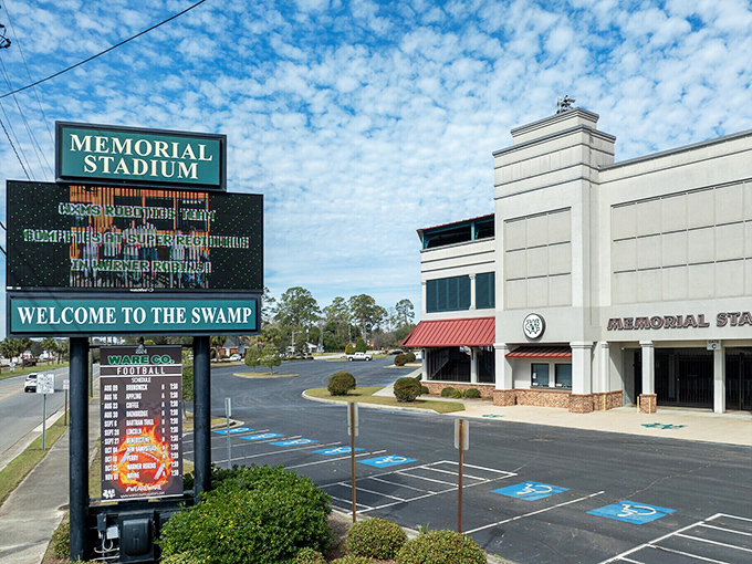 Memorial Stadium welcomes visitors to "The Swamp" where community spirit runs deeper than any game score.