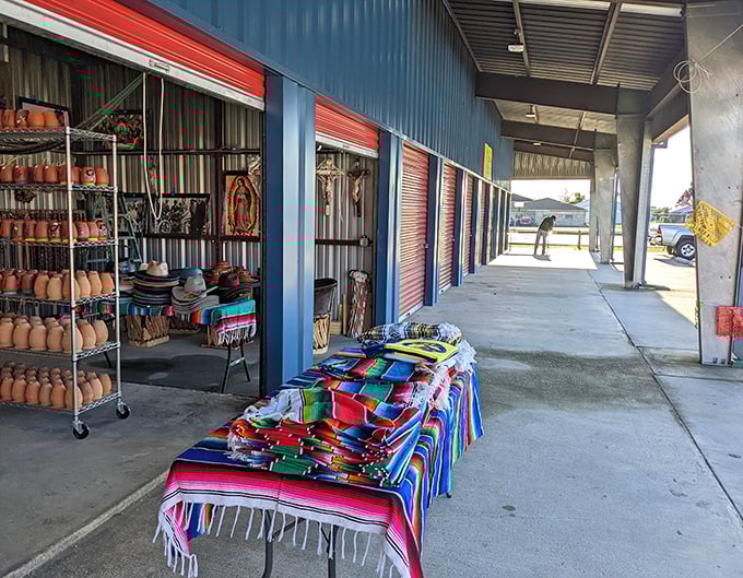 Bright fabrics and pottery create a rainbow of possibilities where bargain hunters become treasure discoverers.