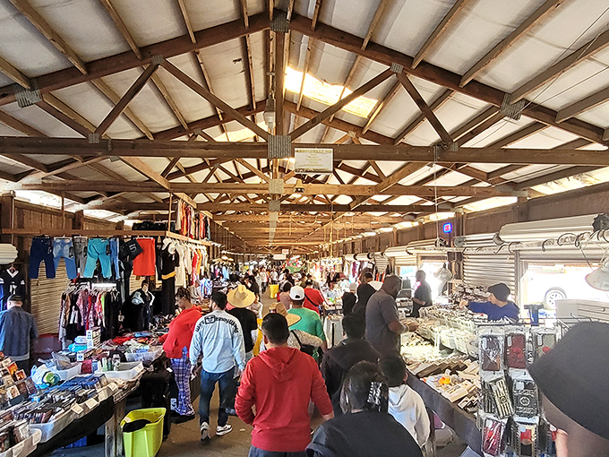 Bargain hunters navigate the bustling indoor aisles at White Horse Flea Market, where one person's castoffs become another's treasures.