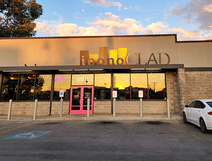 IconoCLAD's sleek storefront and sunset glow – where vintage fashion meets modern style in downtown Salt Lake City.