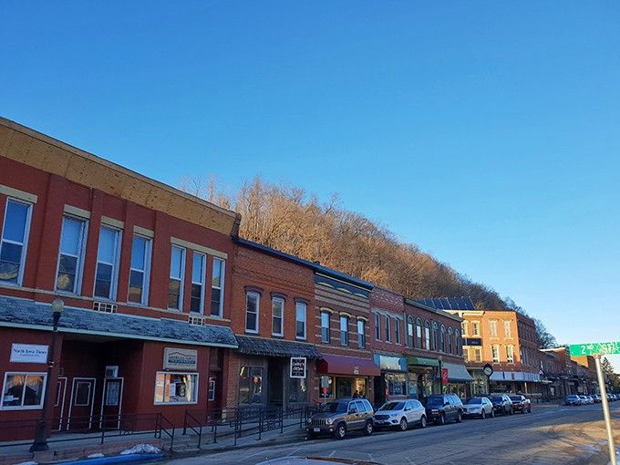McGregor's historic storefronts cascade down the bluff like a perfectly arranged antique postcard come to life along the mighty Mississippi.