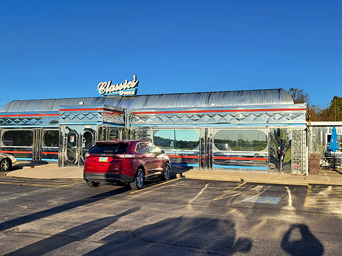 The sunset casts a golden glow on 62 Classics' Diner, where hungry travelers find respite and really good pie.
