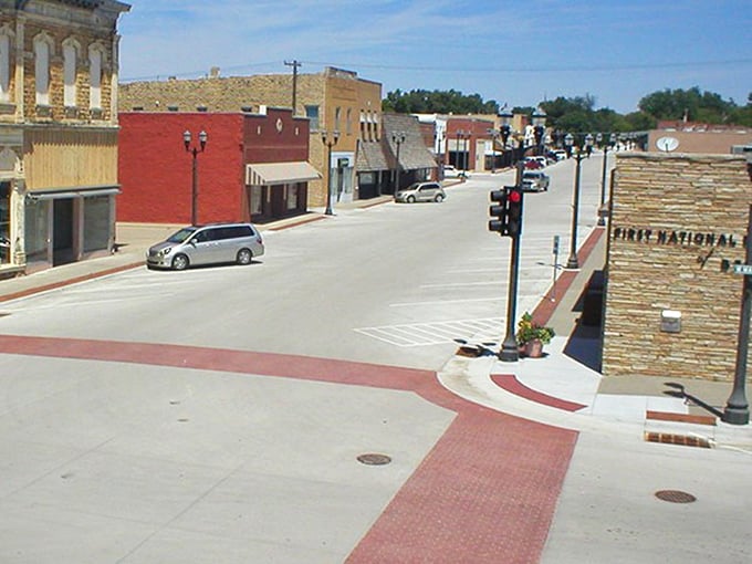 First National Bank anchors Beloit's downtown intersection, where decorative sidewalks and historic buildings create affordable small-town elegance.
