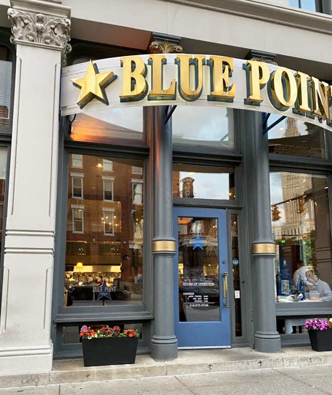 The golden glow of Blue Point's entrance promises seafood treasures within. Like finding Atlantis in downtown Cleveland!