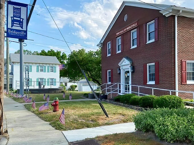 Small-town patriotism on full display&mdash;Bridgeville's Town Hall stands proudly as the community's beating heart.
