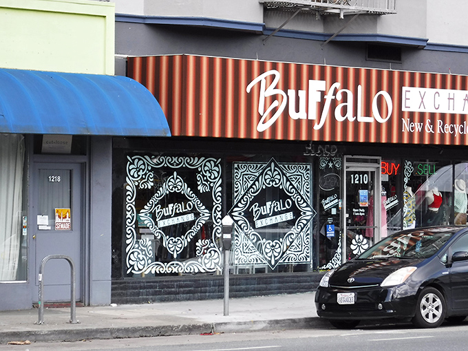Buffalo Exchange's artistic window display showcases its bohemian spirit. Those intricate designs hint at the carefully selected treasures waiting inside.
