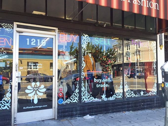 The sleek window displays hint at carefully selected pieces that bridge the gap between thrift store and boutique shopping.