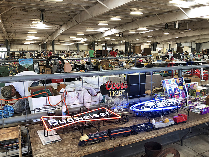 Vintage neon signs and collectibles create a nostalgic paradise that would make any decorator swoon. 